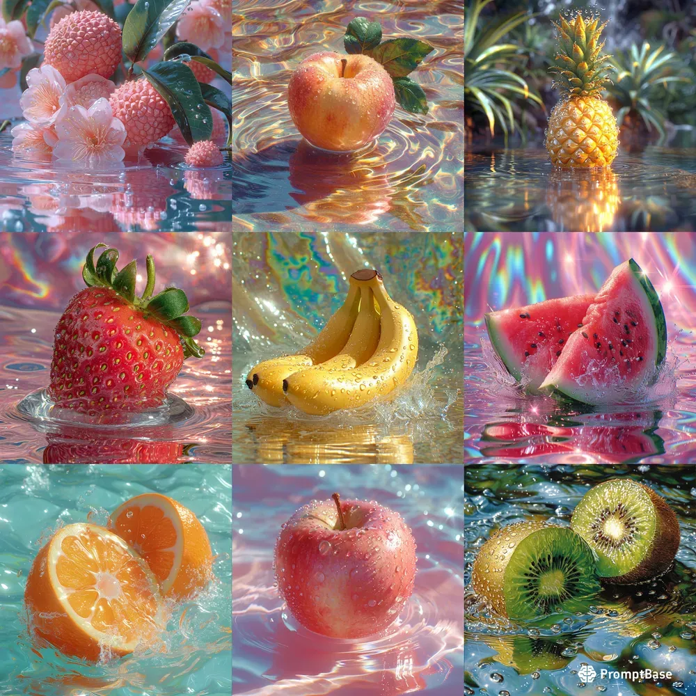 Fruits Reflecting The Sparkling Water Midjourney Prompt | PromptBase