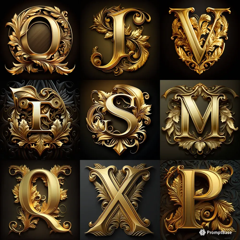 Alphabet Golden Letters Midjourney Prompt | PromptBase
