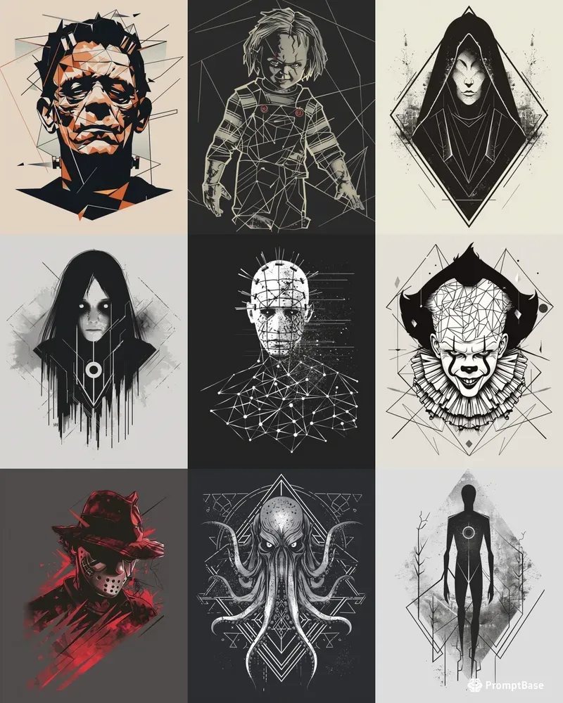 Geometric Creepy Character Tees Midjourney Prompt | PromptBase
