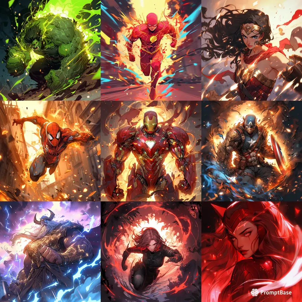 Blazing Dc And Marvel Superheroes Midjourney Prompt | PromptBase