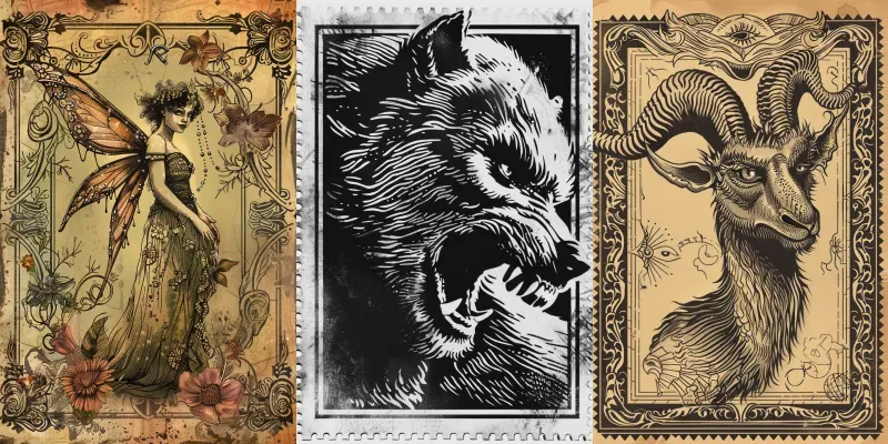 Mythical Creatures Vintage Postage Stamp Generator App | PromptBase