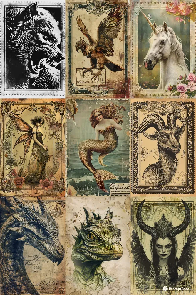 Mythical Creatures Vintage Postage Stamps Midjourney Prompt | PromptBase