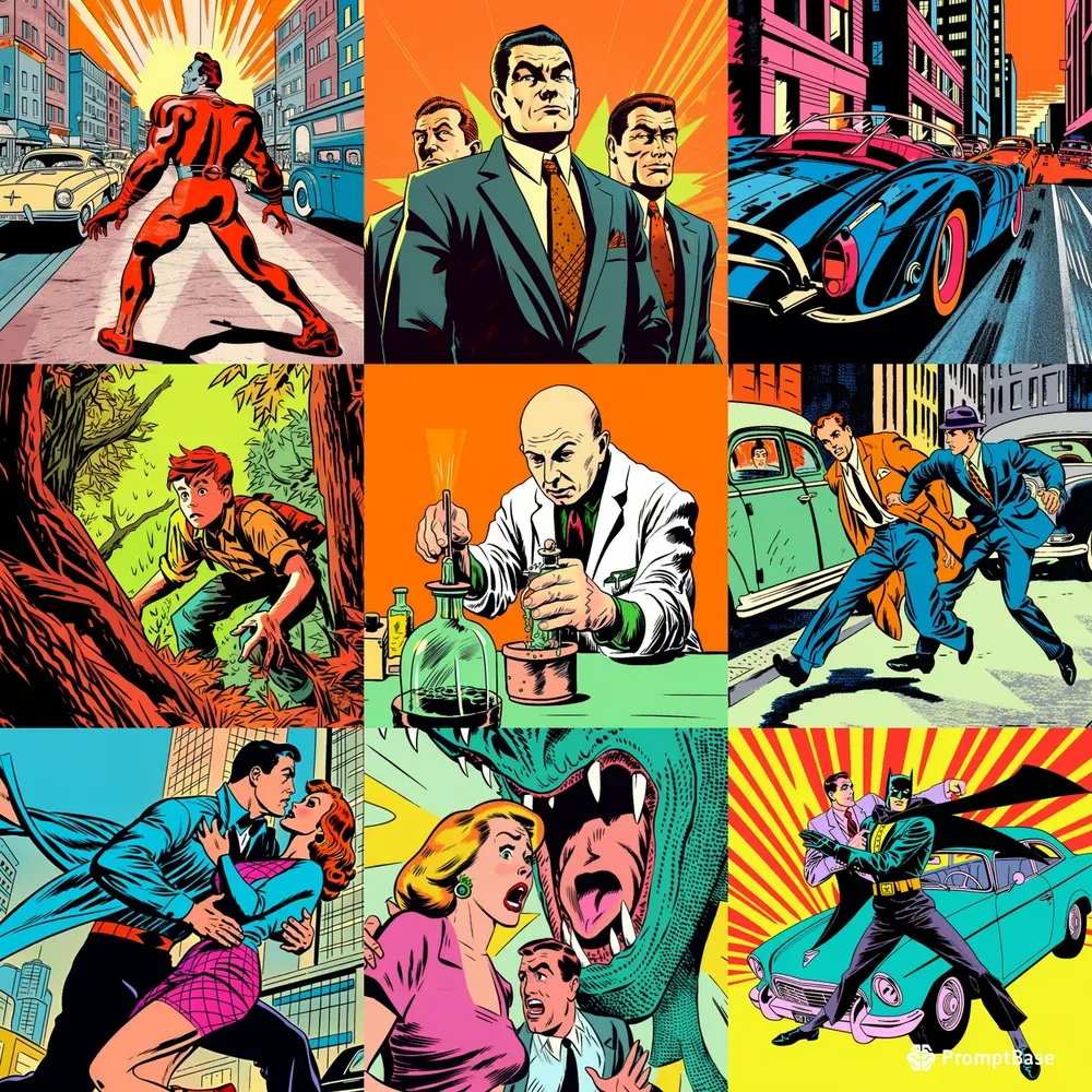 Retro Comic Book Art Illustrations Midjourney Prompt | PromptBase