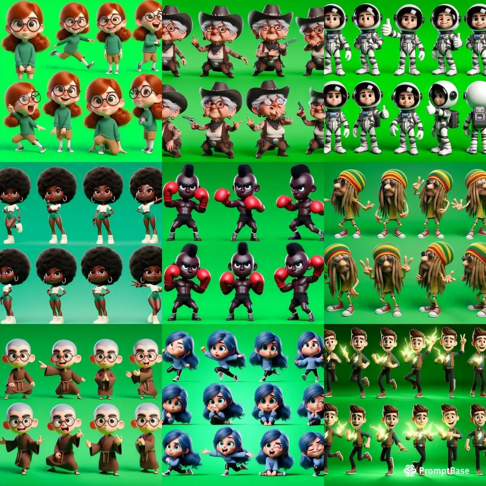 Green Screen 3D Characters Multiple Poses DALL·E Prompt | PromptBase