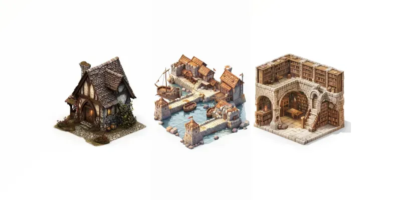 Isometric Medieval Buildings Midjourney Prompt | PromptBase