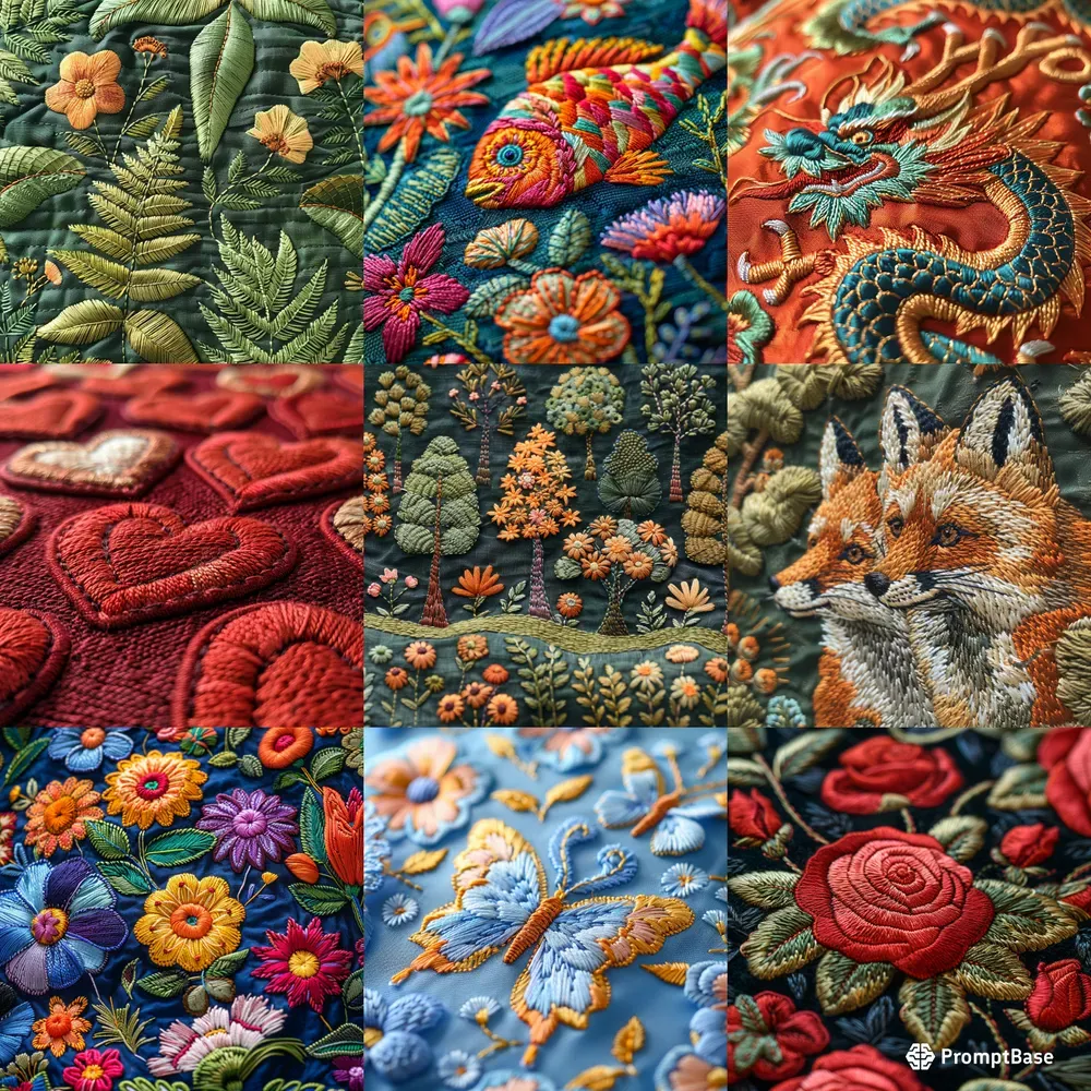 Realistic Embroidery Designs In Closeups Midjourney Prompt | PromptBase