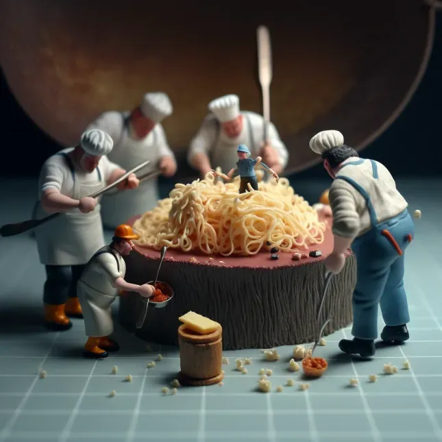 Tiny Workers Building Food Midjourney Prompt | PromptBase