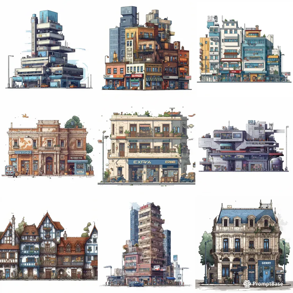 Pixel Art Buildings And Backgrounds Midjourney Prompt | PromptBase