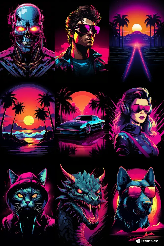 Synthwave T-shirt Cartoon Vector Designs Midjourney Prompt | PromptBase