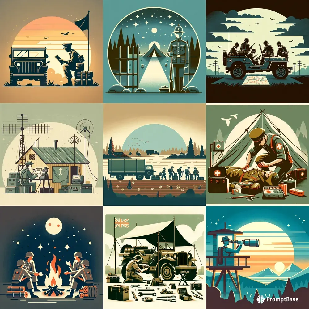 Retro Military Vignettes DALL·E Prompt | PromptBase