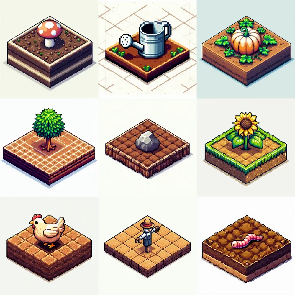 Isometric Pixel Art Farming Game Objects DALL·E Prompt | PromptBase