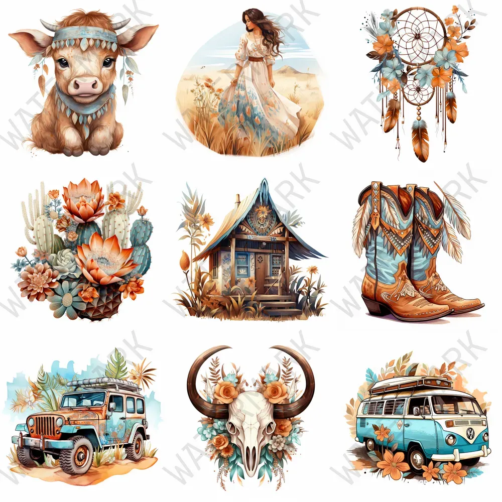 Boho Watercolor Cliparts Bohemian Icons Midjourney Prompt | PromptBase