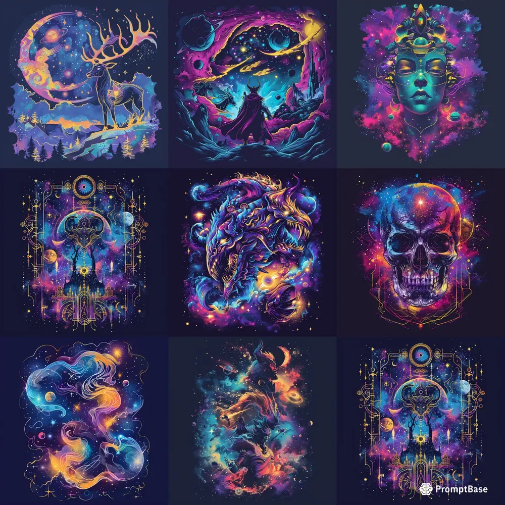 Tshirt Designs Cosmic Mythology Tees Midjourney Prompt | PromptBase