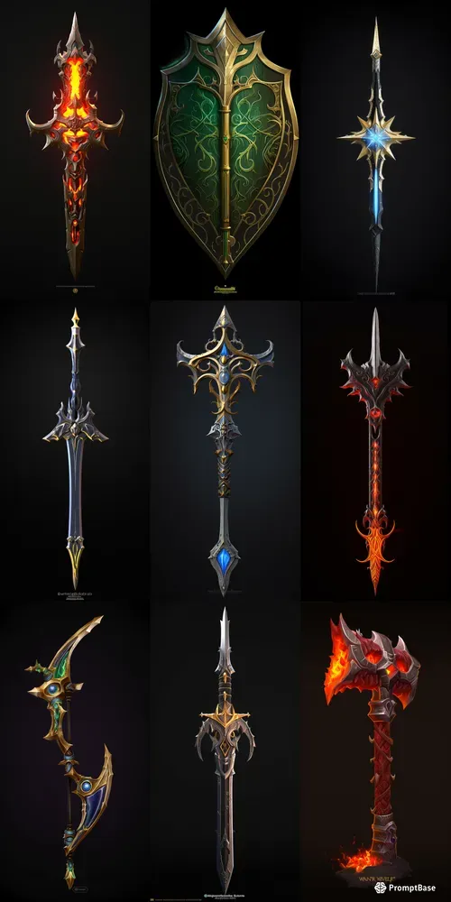 World Of Warcraft Style Weapons Designs Midjourney Prompt | PromptBase