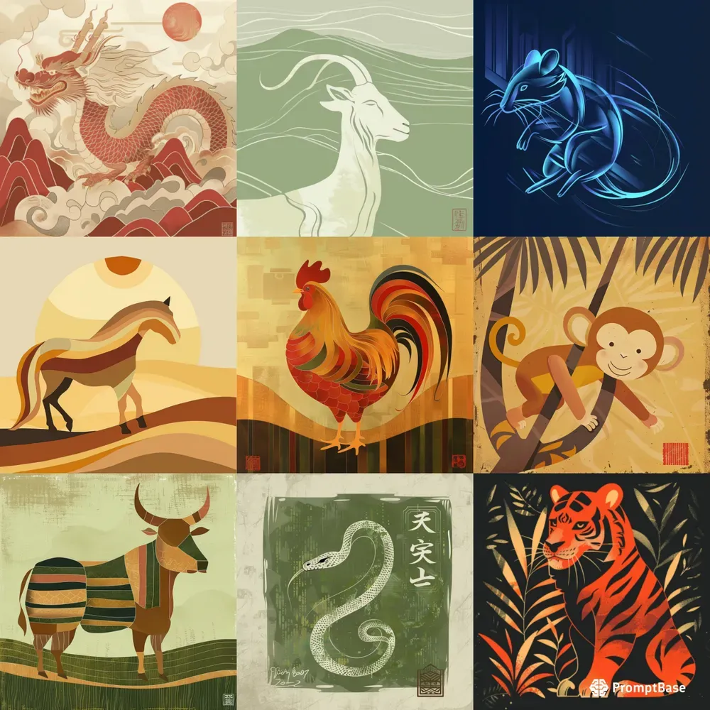 Minimalist Chinese Zodiac Art Midjourney Prompt | PromptBase