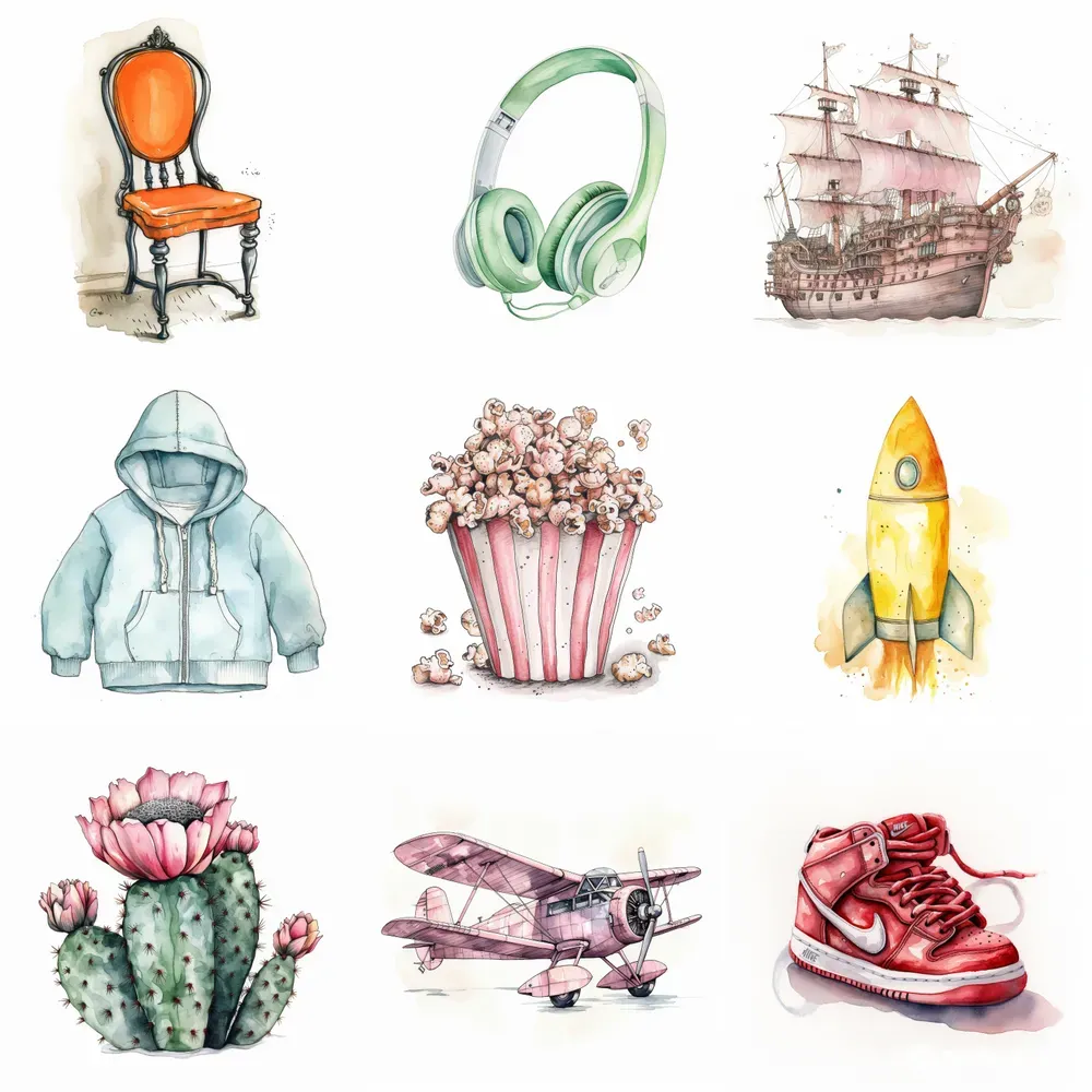 Watercolor Objects Paintings Midjourney Prompt | PromptBase
