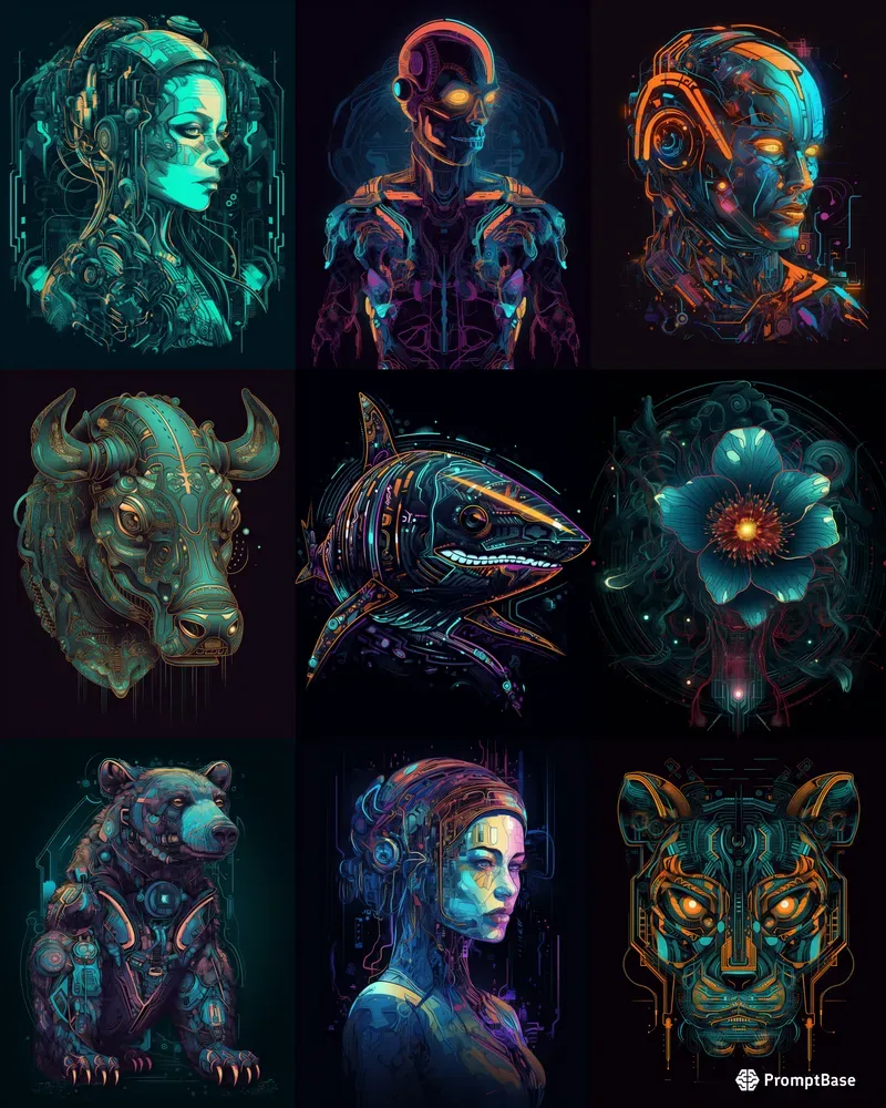 Detailed Neon Cyborg Hybrids Midjourney Prompt | PromptBase