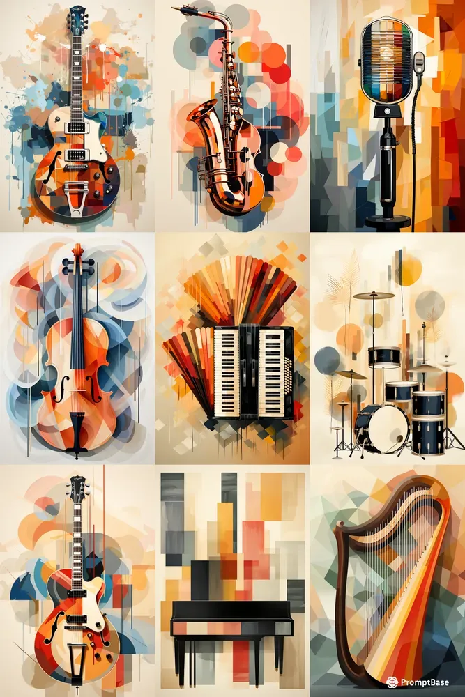 Abstract Music Instruments Boho Paintings Midjourney Prompt | PromptBase