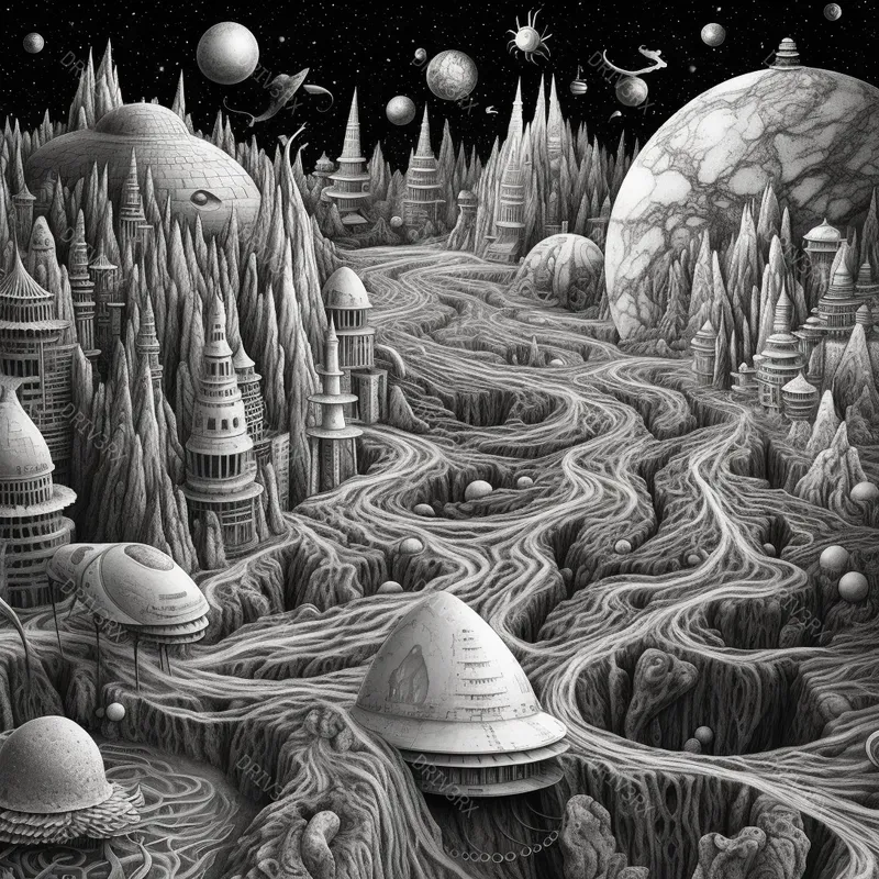 Monochrome Surreal Doodle Art Midjourney Prompt | PromptBase