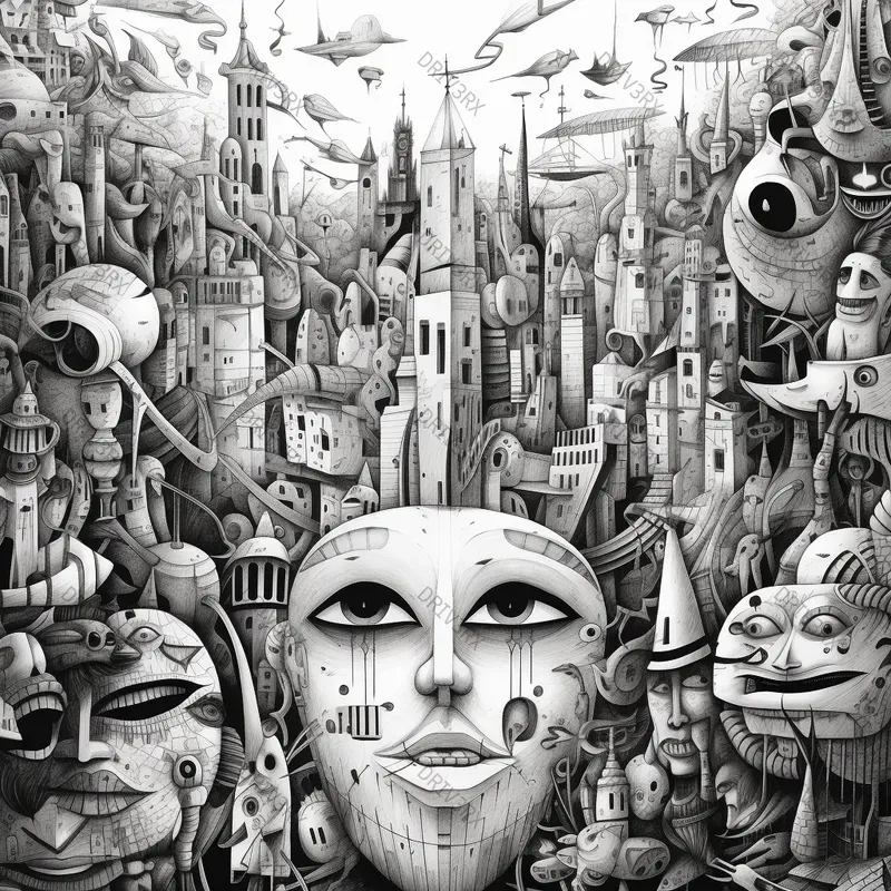 Monochrome Surreal Doodle Art Midjourney Prompt | PromptBase