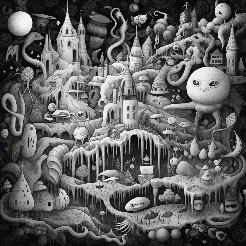 Monochrome Surreal Doodle Art Midjourney Prompt | PromptBase