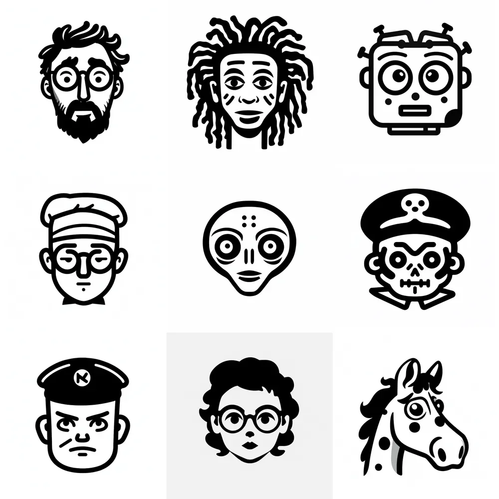 Simple Black And White Funny Faces Icons Midjourney Prompt | PromptBase