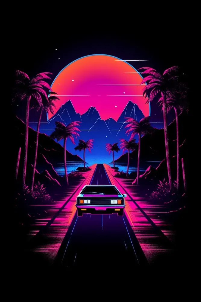 Retrowave 2D Vintage Car Drivings Midjourney Prompt | PromptBase