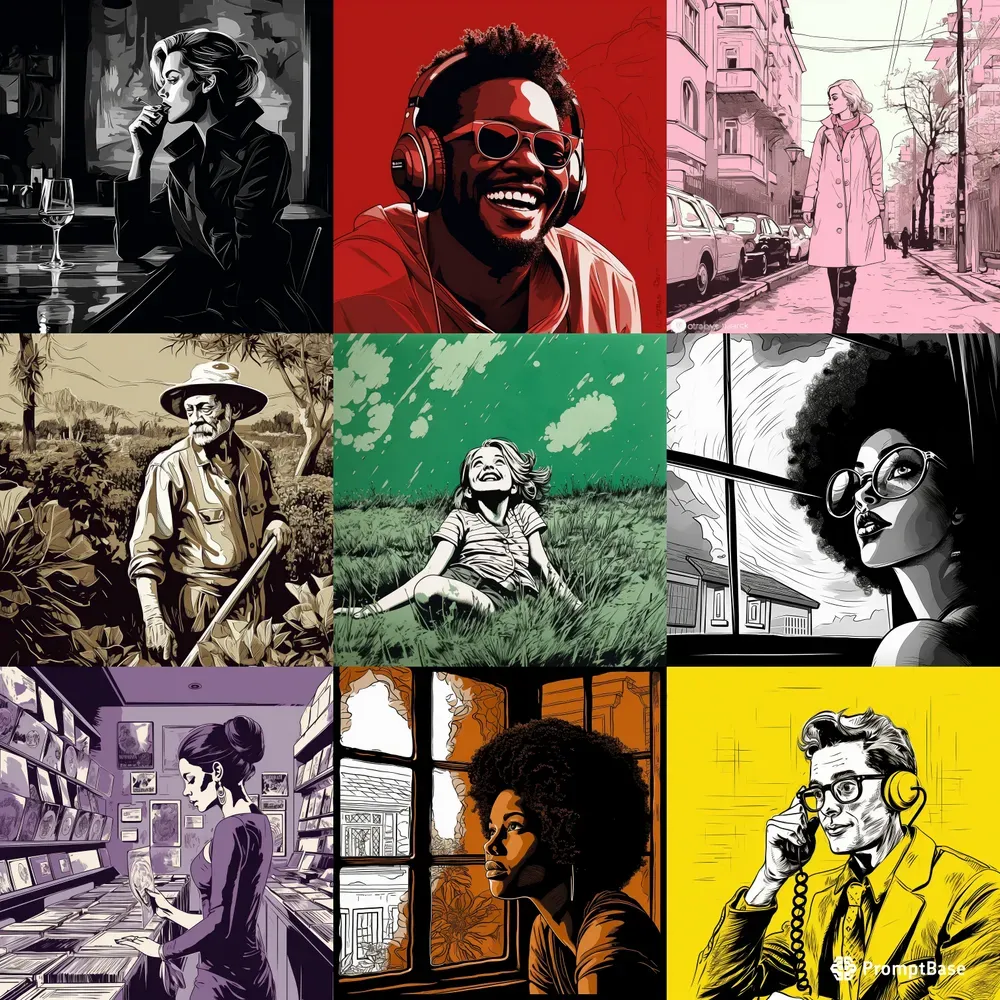 Monochromatic Cartoon Scenes Midjourney Prompt | PromptBase