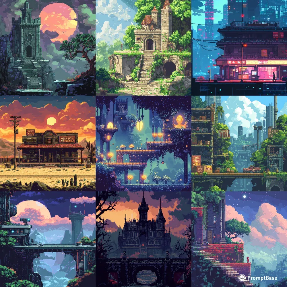 Pixel Art 2D Game Levels Midjourney Prompt | PromptBase