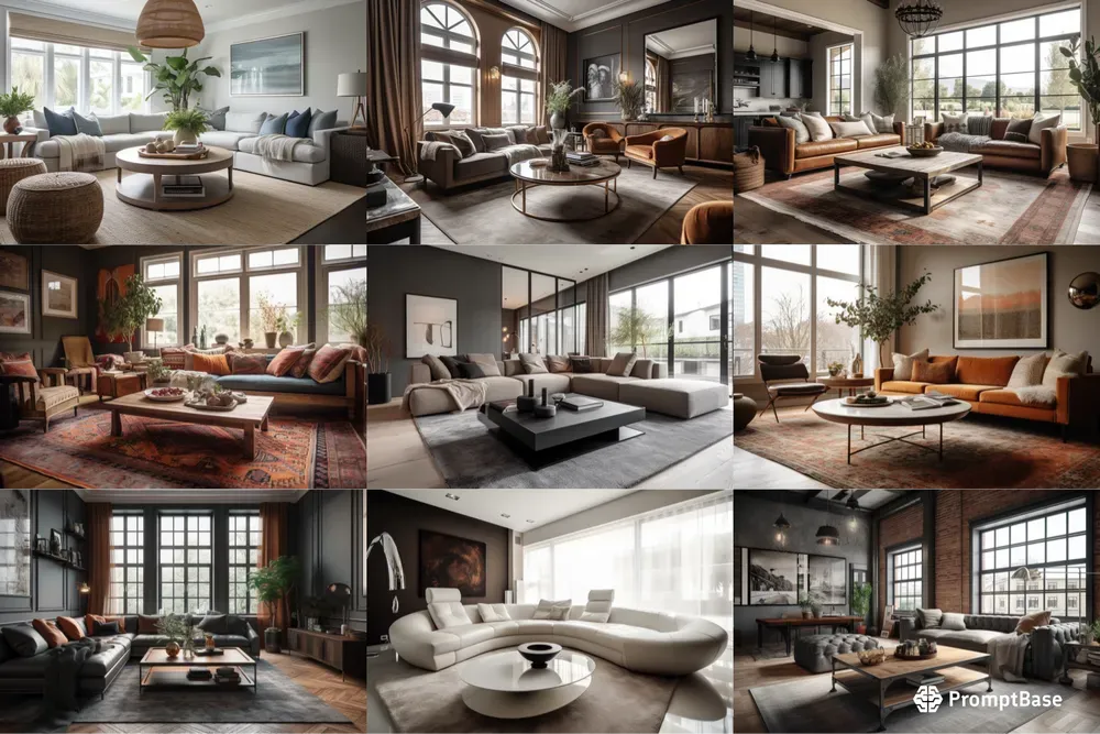 Any Style Living Room Interior Designs Midjourney Prompt | PromptBase