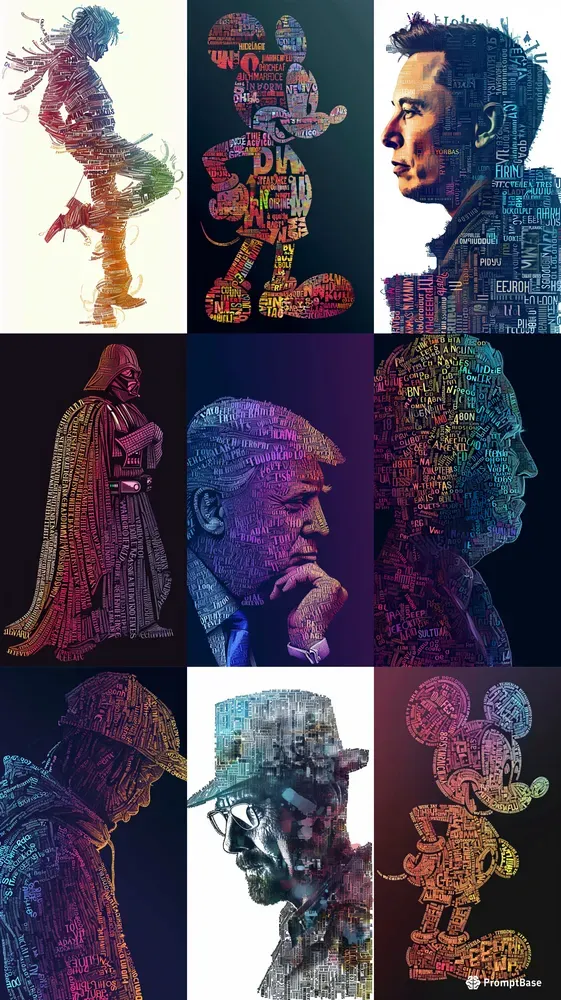Word Calligram Portrait Silhouette Midjourney Prompt | PromptBase