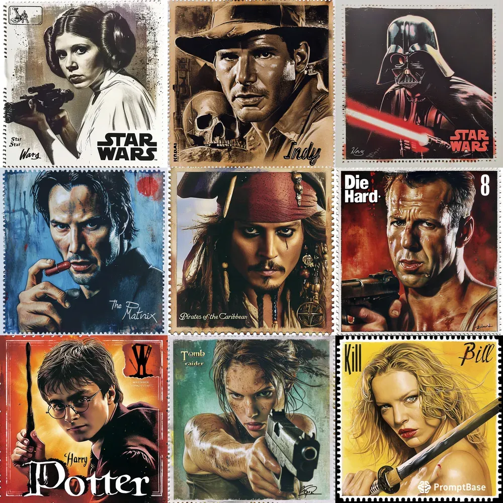 Stamp Any Movie Characters Midjourney Prompt | PromptBase