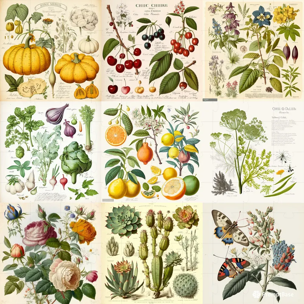 Vintage Academic Botanical Illustrations Midjourney Prompt | PromptBase