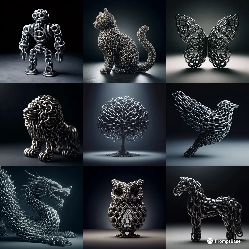 Chain Sculptures Intricate Metal Figures DALL·E Prompt | PromptBase