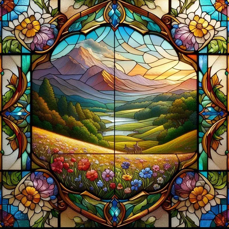 Vibrant Stained Glass Landscape Windows DALL·E Prompt | PromptBase