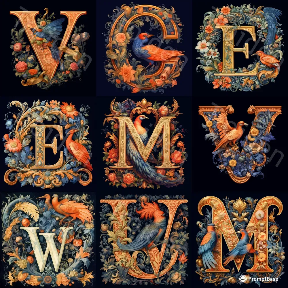 Ornate Letters In Vibrant Realism Style Midjourney Prompt | PromptBase