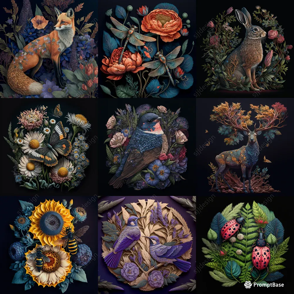 Flora And Fauna Maximalist Illustrations Midjourney Prompt | PromptBase