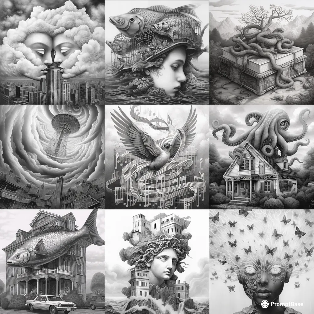 Black And White Surrealism Illustrations Midjourney Prompt | PromptBase