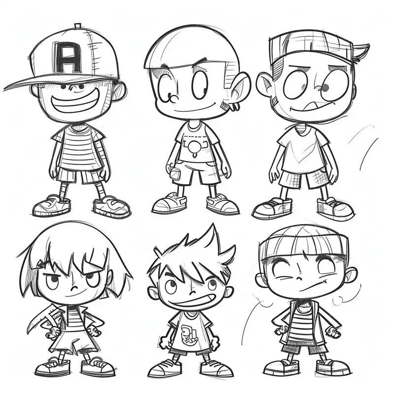 2D Simple Line Multiple Characters Midjourney Prompt | PromptBase