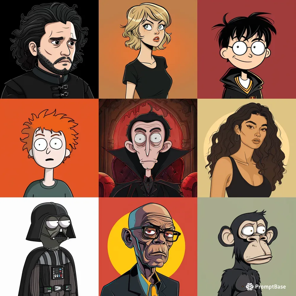 Simple Cartoon Characters And Celebrities Midjourney Prompt | PromptBase