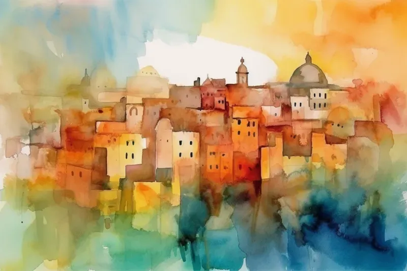 Vibrant Watercolor Cityscapes Artworks Midjourney Prompt | PromptBase
