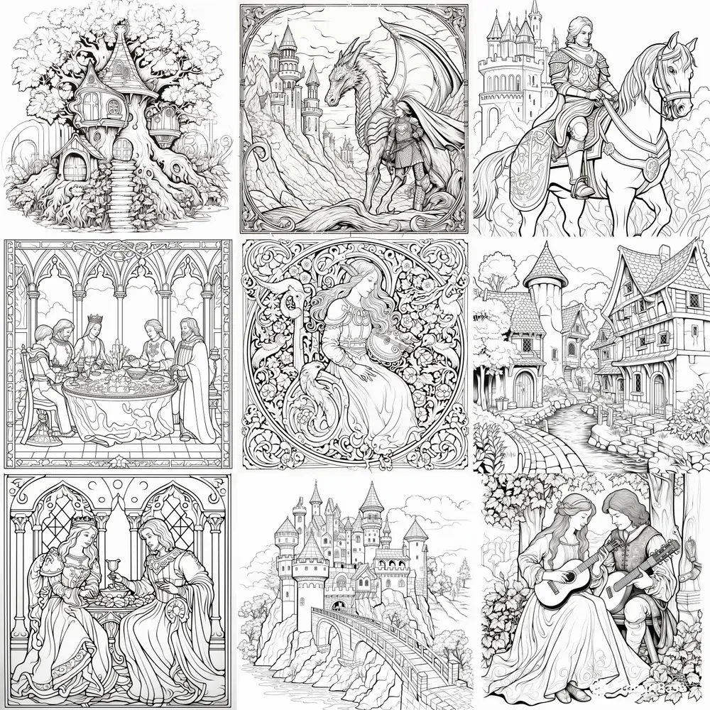 Medieval Themed Coloring Books Midjourney Prompt | PromptBase