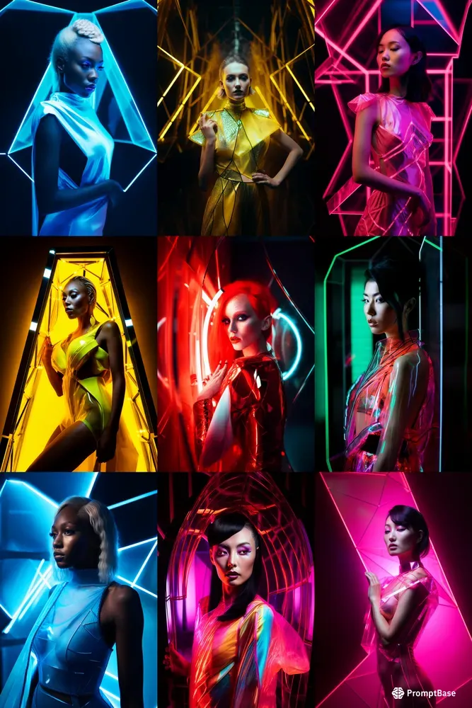 Stock Futuristic Fashion Neon Models Midjourney Prompt | PromptBase