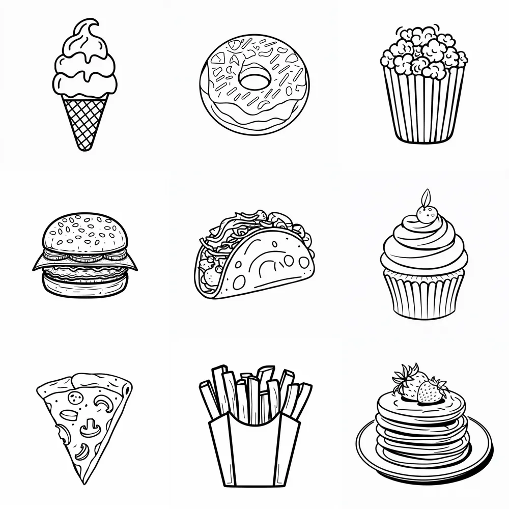 Simple Food Coloring Book Sheets Midjourney Prompt | PromptBase