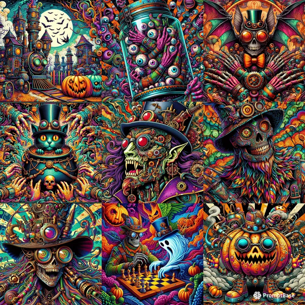 Steampunk Psychedelic Halloween Artworks DALL·E Prompt | PromptBase