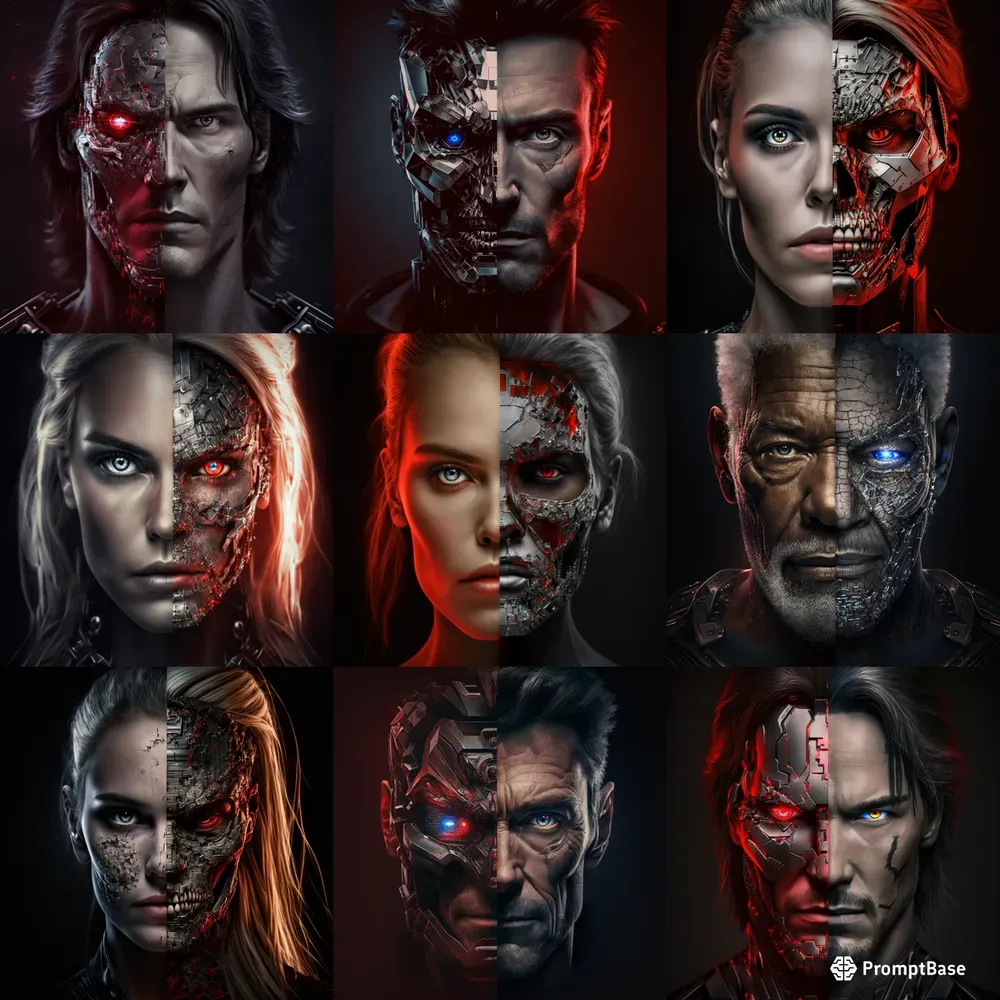 Half Terminator Faces Midjourney Prompt | PromptBase