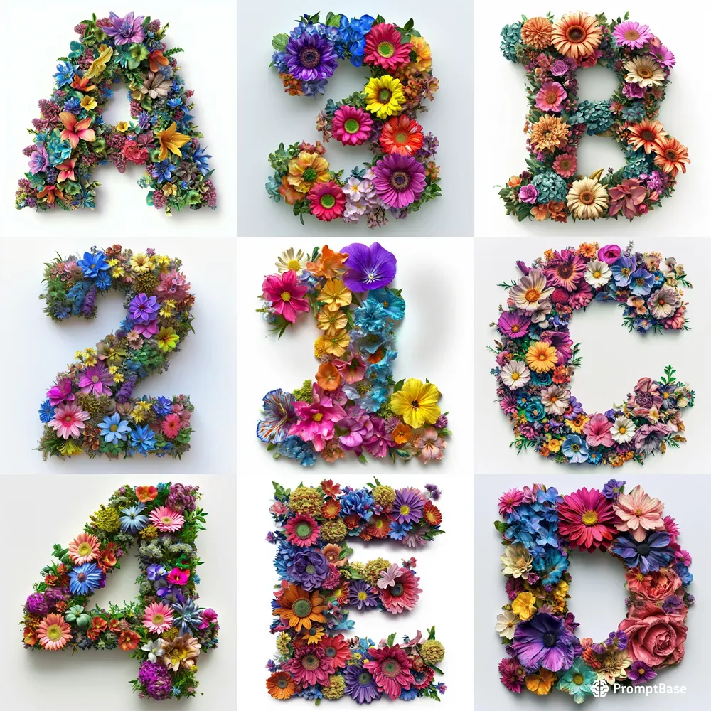 Alphabet Letters And Numbers In Flowers Midjourney Prompt | PromptBase