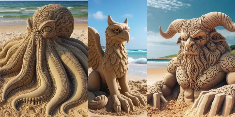 Mythical Sand Sculptures On The Beach Generator App | PromptBase