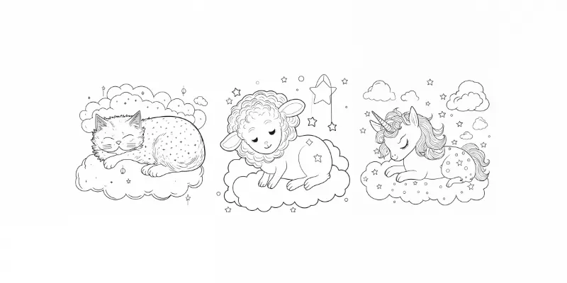 Coloring Cozy Animals Sleeping On Clouds Midjourney Prompt | PromptBase