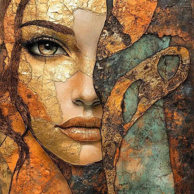 Collages Of Gold Leaf And Rusted Metals Midjourney Prompt | PromptBase